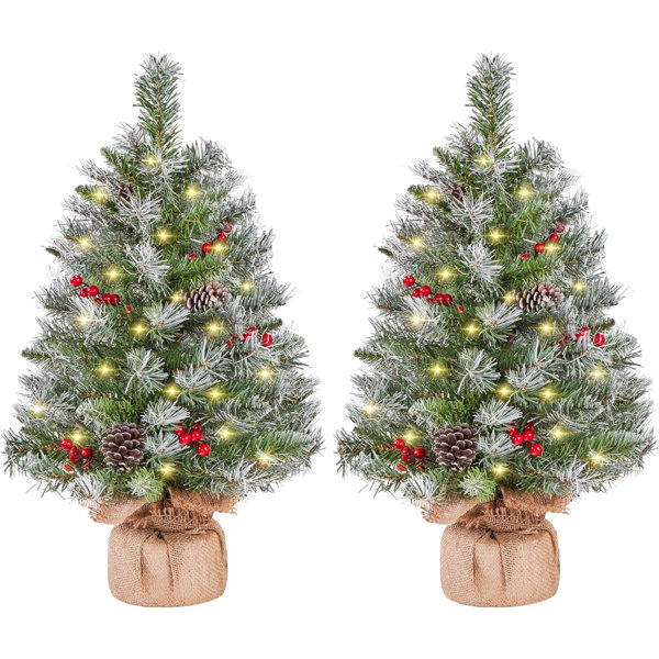 Fleur De Lis Living 2Pcs Pre-Lit Artificial Mini Tabletop Christmas Tree, 2Ft/66Cm Frosted ...